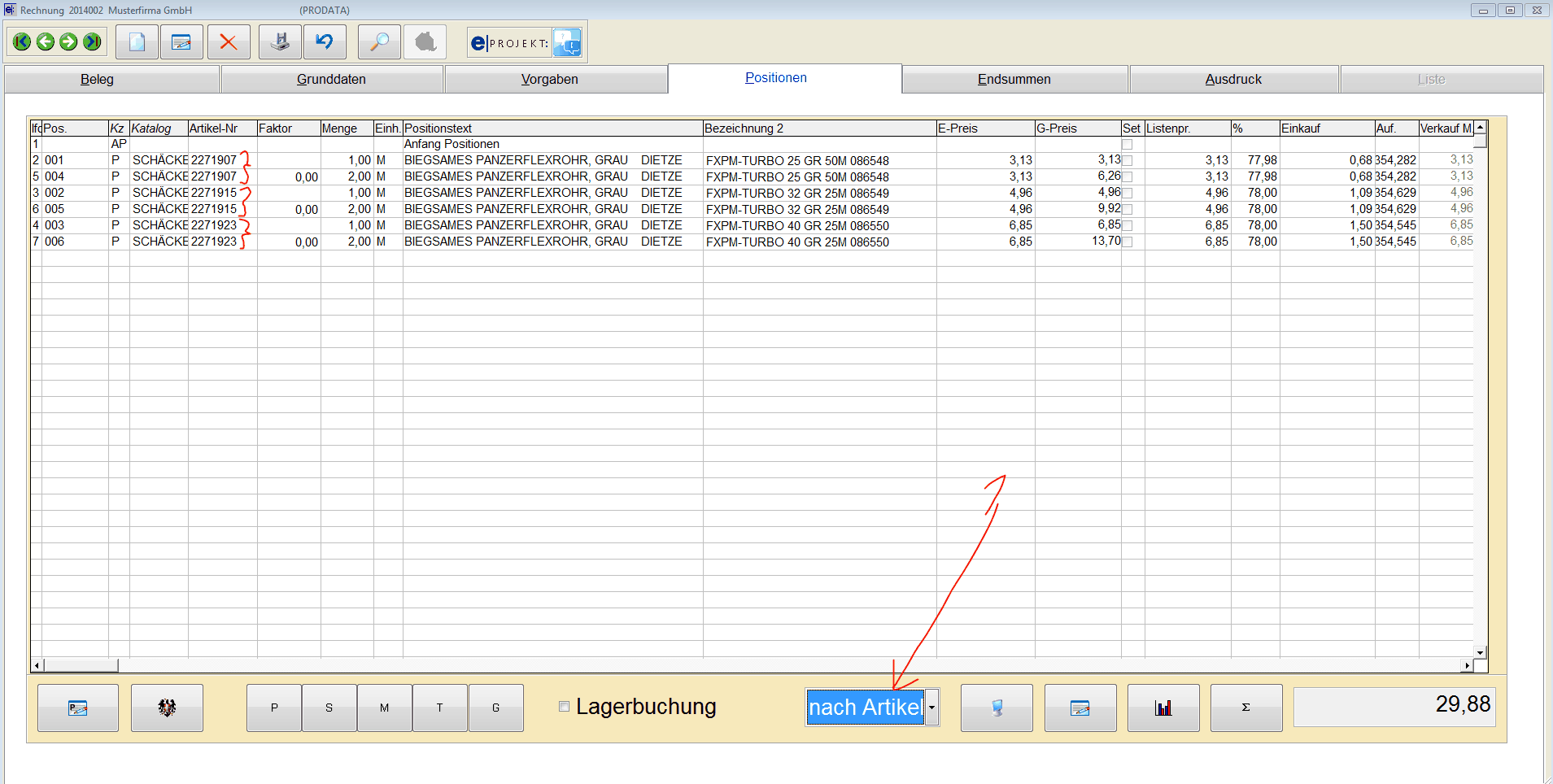 Positionen nach Artikelnummer sortieren