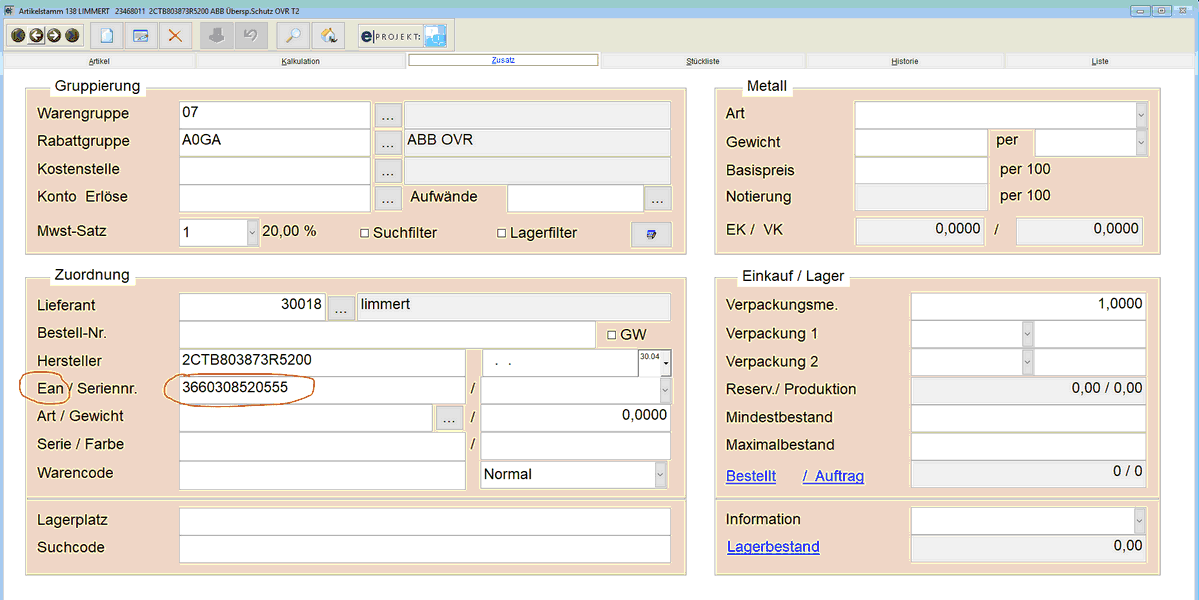 EAN-Nummer im Artikelstamm