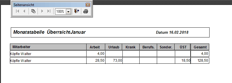 Zeiterfassung Monatsliste Übersicht